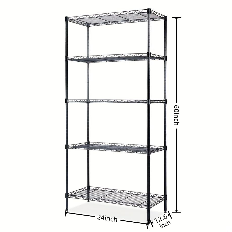 1pc Black 5-tier Storage Rack, Heavy Duty Storage Shelving Unit (150 Lbs Loading Capacity Per Shelf), Steel Organizer Wire Shelf, Can Be Used In Bathroom, Dining Room, Living Room, Bedroom, Garage