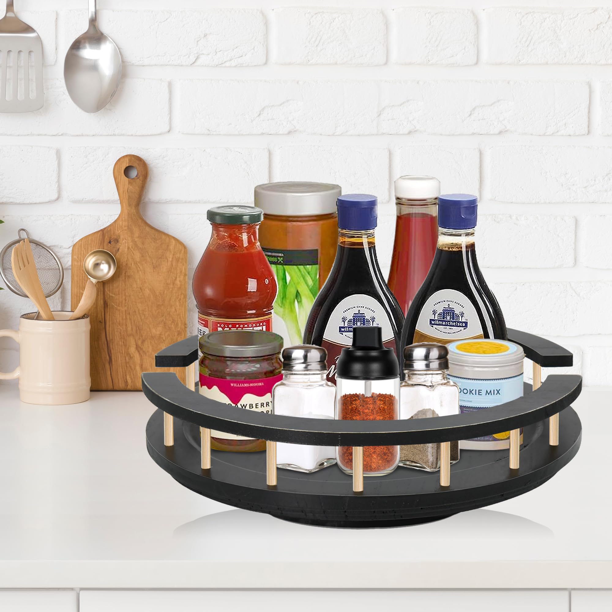 12" Wood Lazy Susan Turntable, Kitchen Countertop Lazy Susan Organizer Turntable with Guardrail Sides, 360 Degree Turntable for Countertop Cabinet Closets Dining Table, Decorative Serving Tray, Black