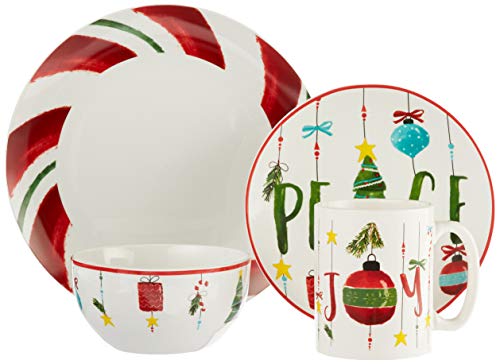American Atelier Holiday Dinnerware Set – 16-Piece Christmas-Themed Stoneware Dinner Party Collection w/ 4 Dinner Plates, 4 Salad Plates, 4 Bowls & 4 Mugs – Unique Gift Idea for Christmas or Birthday