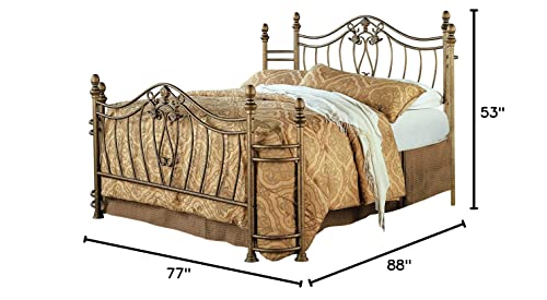 Benjara Metal Queen Headboard and Footboard with Swirling Floral Motifs, Antique Gold