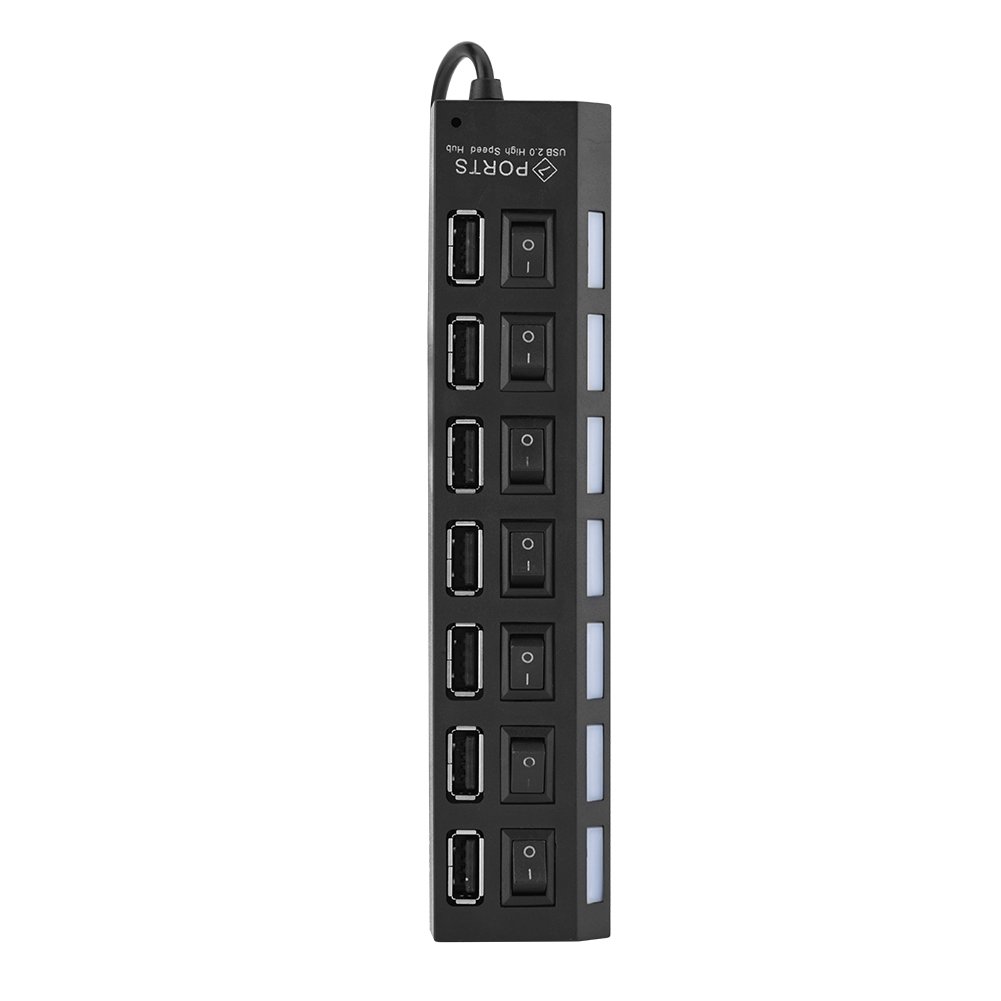 7 Port USB Hub,480Mbps No Conflict Plug & Play USB 2.0 Charger Hub with 7 Independent Switches and Multi-Level for Mobile Phone, Tablet PC, Keyboard, Mouse, Hard Drive, etc