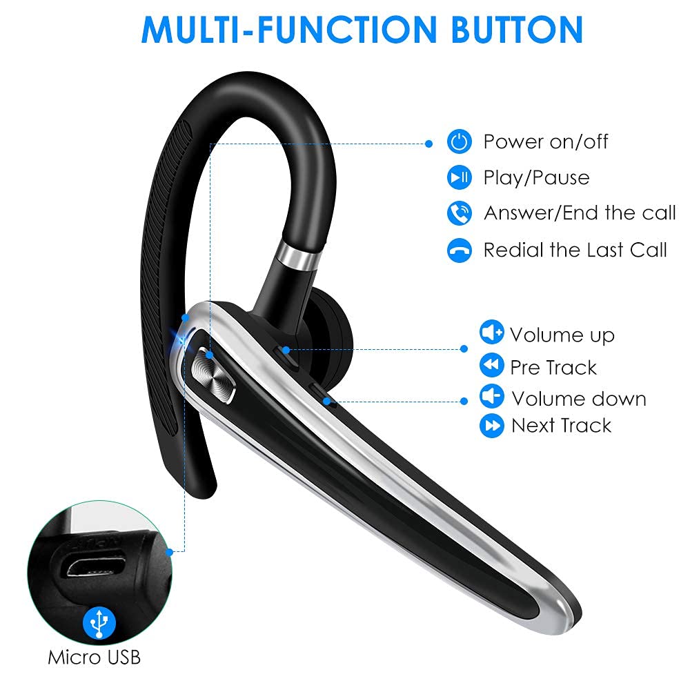 Bluetooth Headset V5.0, Talktime Bluetooth Earpiece CVC8.0 Noise Cancelling Wireless Headset Hands-Free with Microphone in Ear for iPhone Samsung and Android Cell Phones Laptop Truck Driver