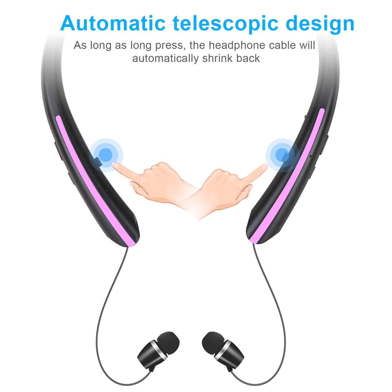Bluetooth Headphones,Retractable Wireless Earbuds Neckband Headset Sports Noise Cancelling Stereo Earphones with Mic 24 Hrs Playtime Call Vibrate Alert(2020 Upgrade) (Black/Pink)