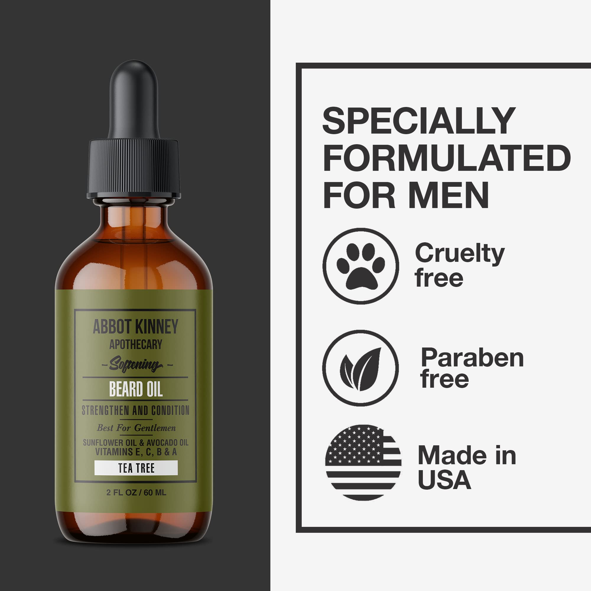 ABBOT KINNEY APOTHECARY Softening Beard Oil, Strengthens and Conditions Beards, Blend of Natural Oils, 2 oz (Tea Tree)