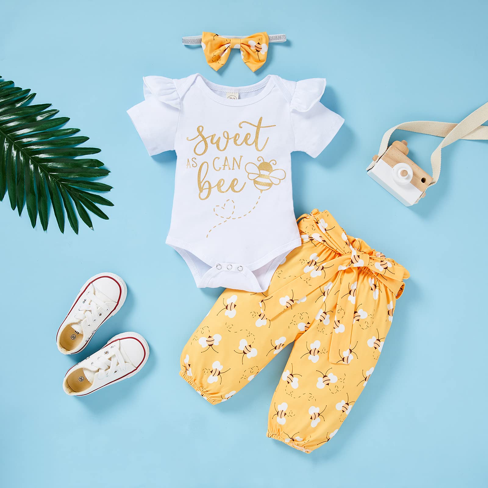 GRNSHTS Infant Baby Girl bumble bee clothes Letter Print Romper Honey Bees Pants Bowknot Headband Outfits Set(Yellow 2, 3-6 Months