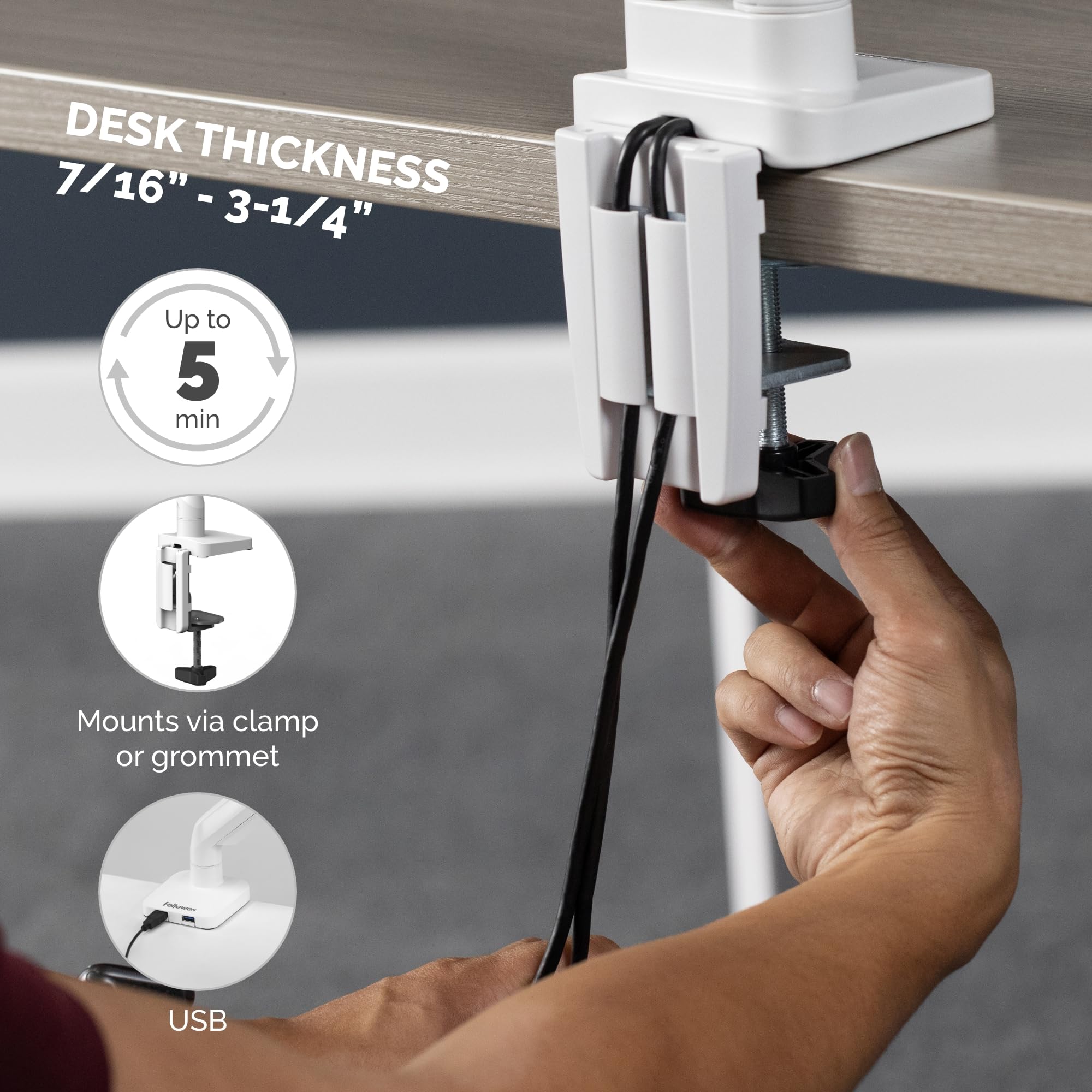 Fellowes Platinum Series Single Monitor Arm for 32-Inch Monitors, Full Motion, 360° Rotation, VESA Mount with Grommet or Clamp, USB Ports, Ergonomic, White, 8056201