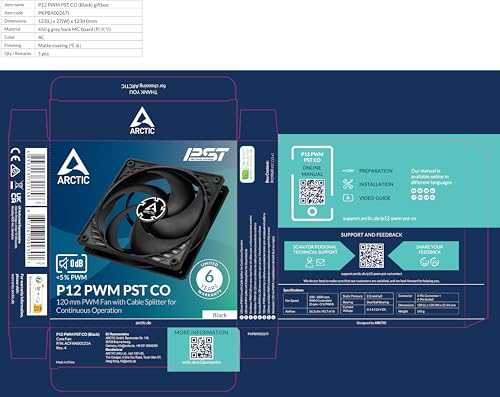 ARCTIC P12 PWM PST CO - PC Fan, 120mm Case Fan, PWM Sharing Technology (PST), Pressure-optimised, Dual Ball Bearing for Continuous Operation, Computer, 200–1800 RPM (0 RPM <5%)