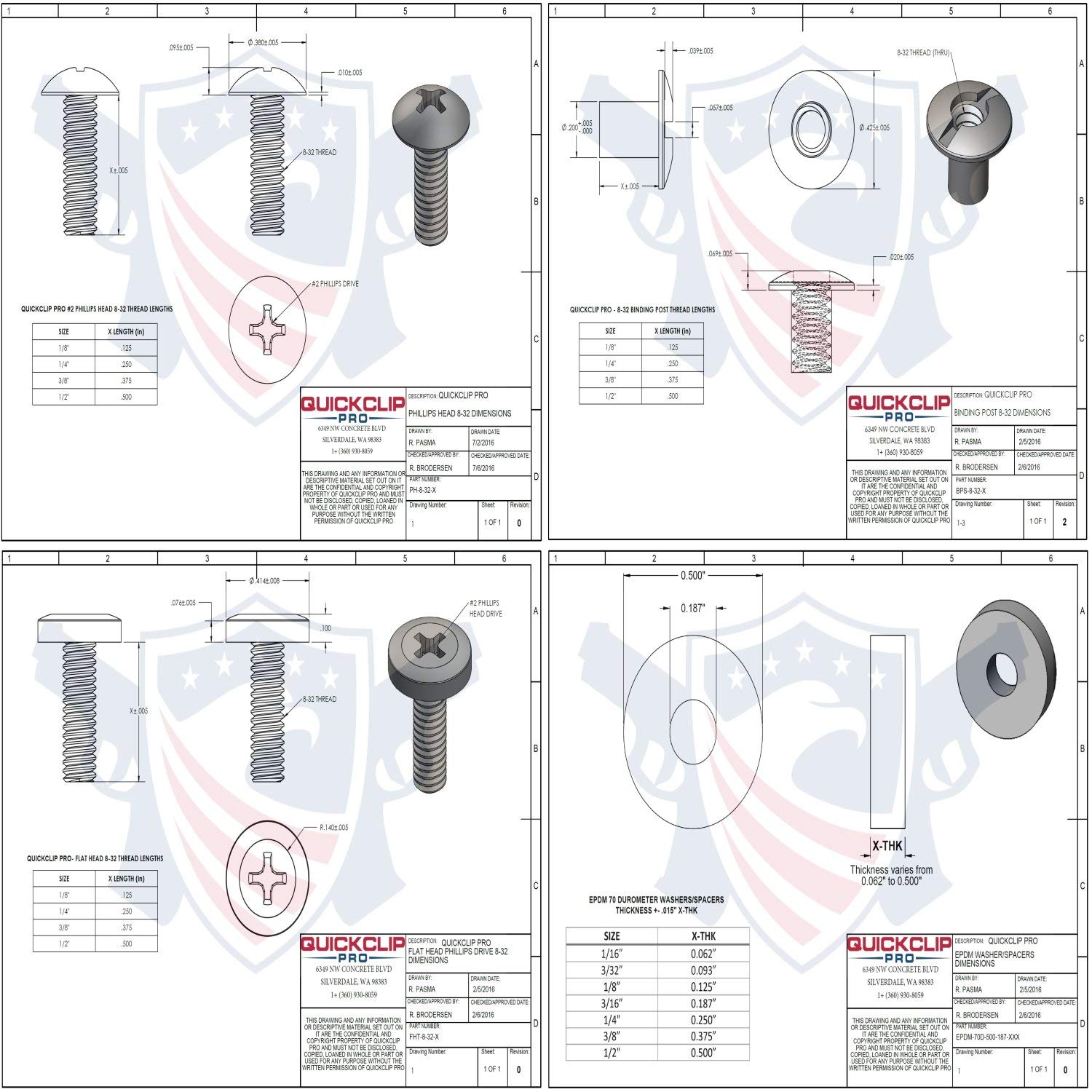 Black Chicago Screw - Thru Hole Binding Post Kit 1/8, 1/4, 3/8, 1/2 Inch Machine Screw Fasteners + Rubber Washers, QuickClipPro Kydex Leather Holster Sheath (1/8" - Flat Head 10 Pack)