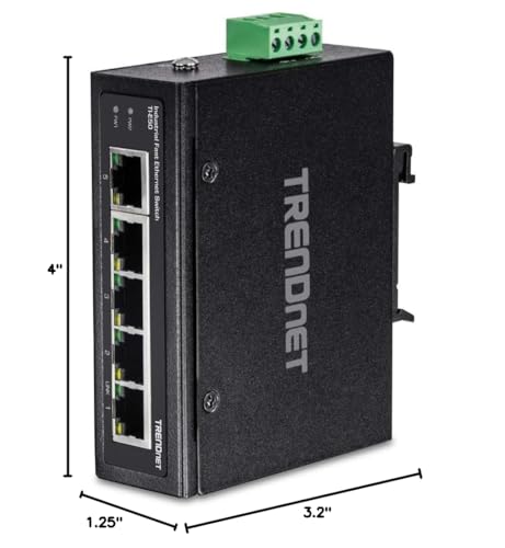 TRENDnet 5-Port Industrial Unmanaged Fast Ethernet DIN-Rail Switch, 5 x Fast Ethernet Ports, IP30, Operating Temperature Range of -40° – 75°C (-40° – 167°F), Lifetime Protection, Black, TI-E50