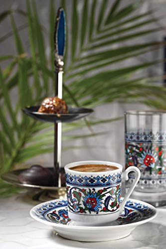 Amazing Turkish Arabic Coffee Espresso Cups 5 Pcs Fancy Set Famous Turkish Porcelain Cups with Saucers, Pot,Blue Velvet Authentic Box (Turkish Coffee Cup and Saucer (2 Sets) 4 Pieces)