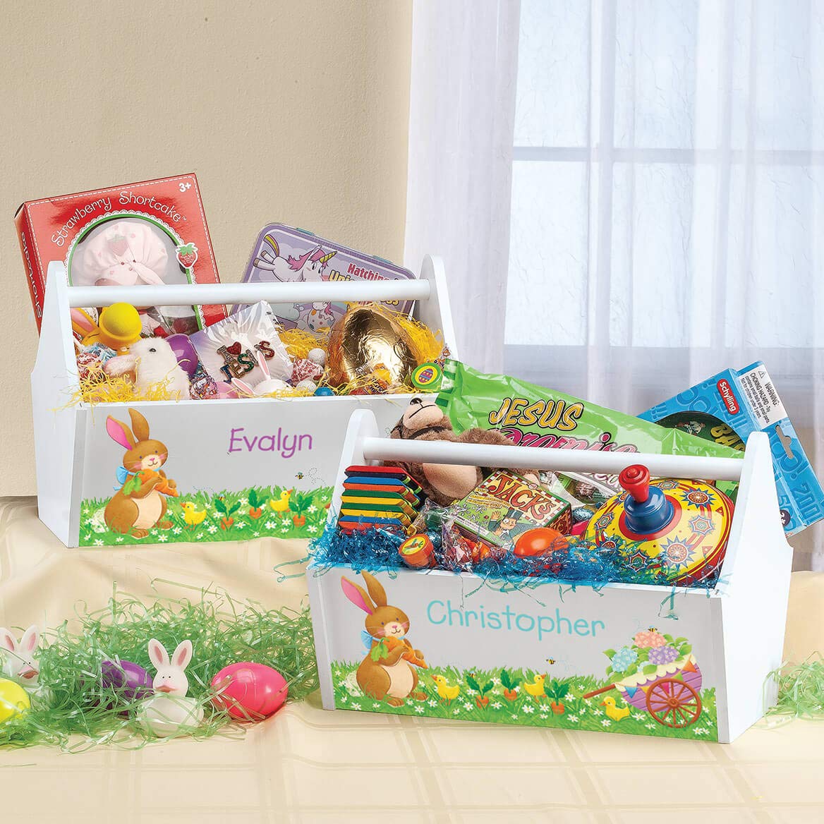 Fox Valley Traders Personalized Kids Easter Toy Caddy, Customized Children’s Wooden Storage Tote with Blue Font, 13” Wide x 9” High