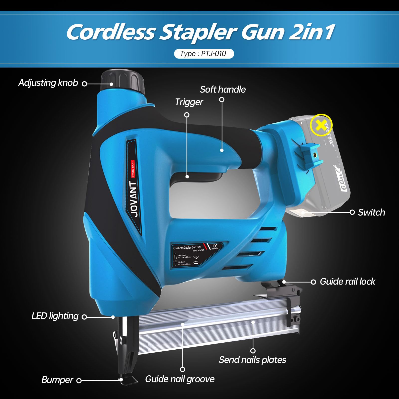 2 in 1 Nail Gun with 1/5'' Narrow Crown Staples and 18G Nails 2784 pcs, Nail Gun for Jovant 20V Battery (No Battery), Brad Nailer for Home Improvement & DIY, 2784pcs Staples/Nails (Tools Only)