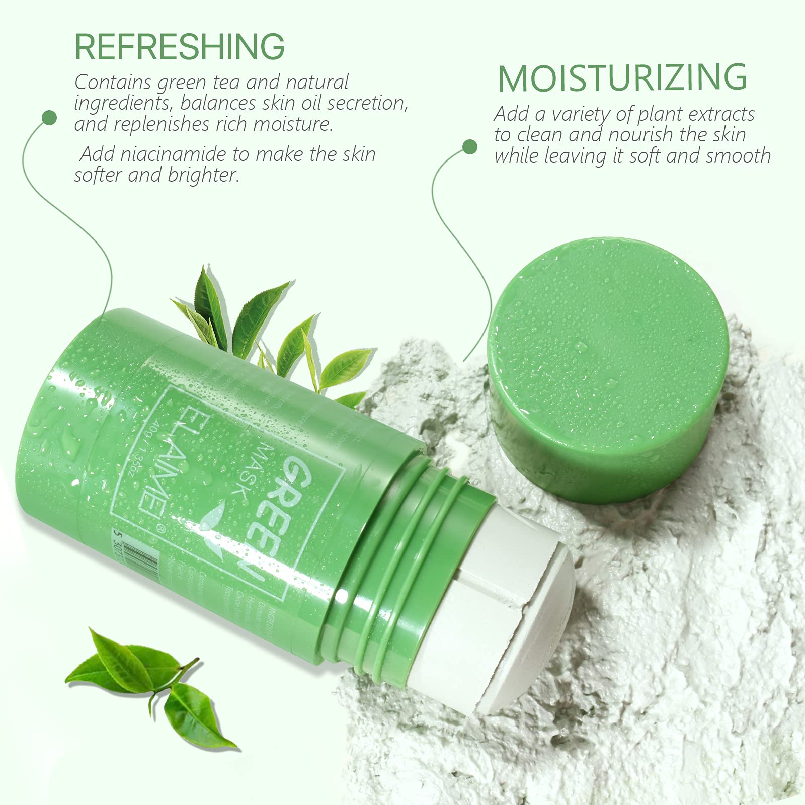 sefudun 2 Pack Green Tea Mask,Green Tea Purifying Clay Mask,Face Moisturizes,Oil Control,Deep Pore Cleansing,Blackhead Remover for All Skin Types Men Women Green Tea Solid Mask (Green 2)
