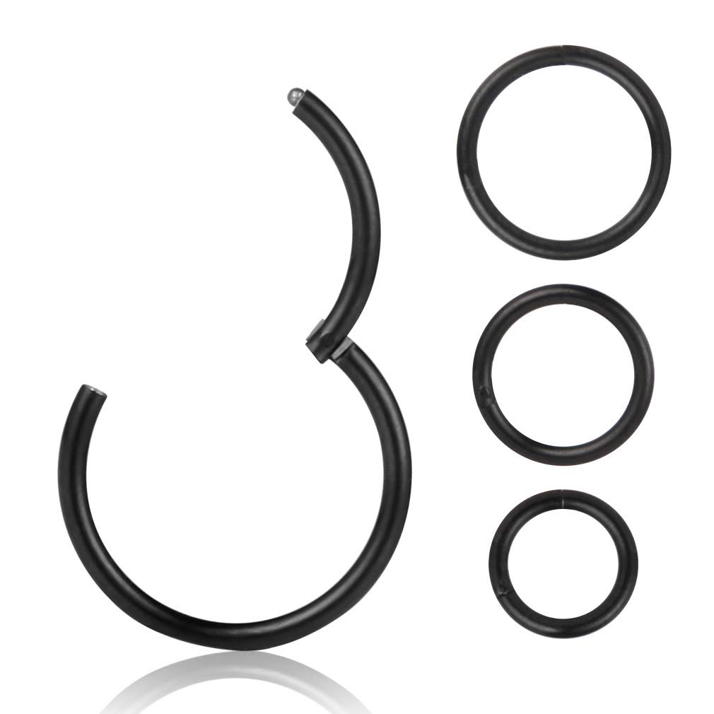 16G Black Stainless Steel 6-12mm Segment Hinged Cartilage Earrings - 4pc Clicker Hoop Set, Unisex Piercing Rings - Mothers Day Gifts