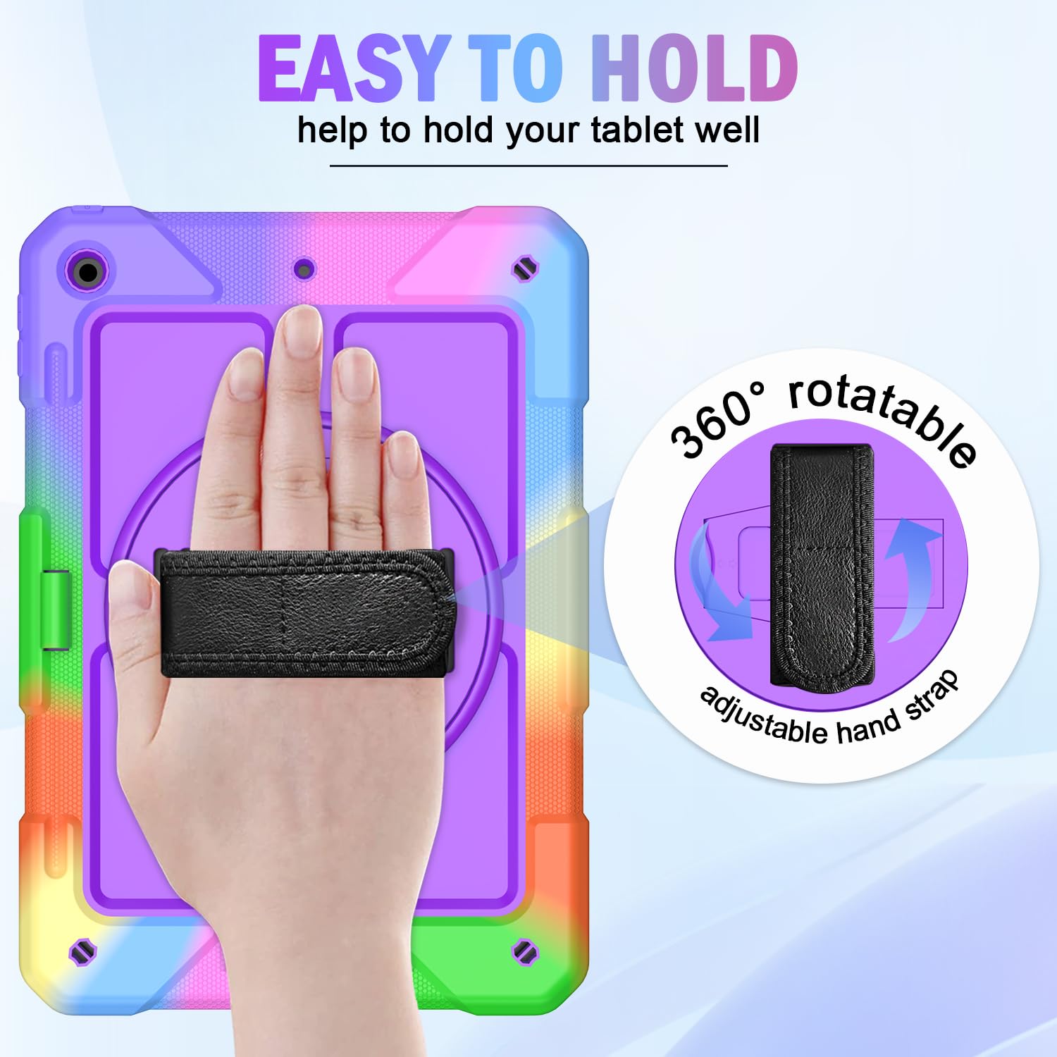 BMOUO Case for iPad 9th Generation Case, iPad 8th/7th Generation Case, iPad 10.2 Case, Shockproof Rotating Stand Hand Strap Kids Case for iPad 10.2" 2021/2020/2019 - Purple