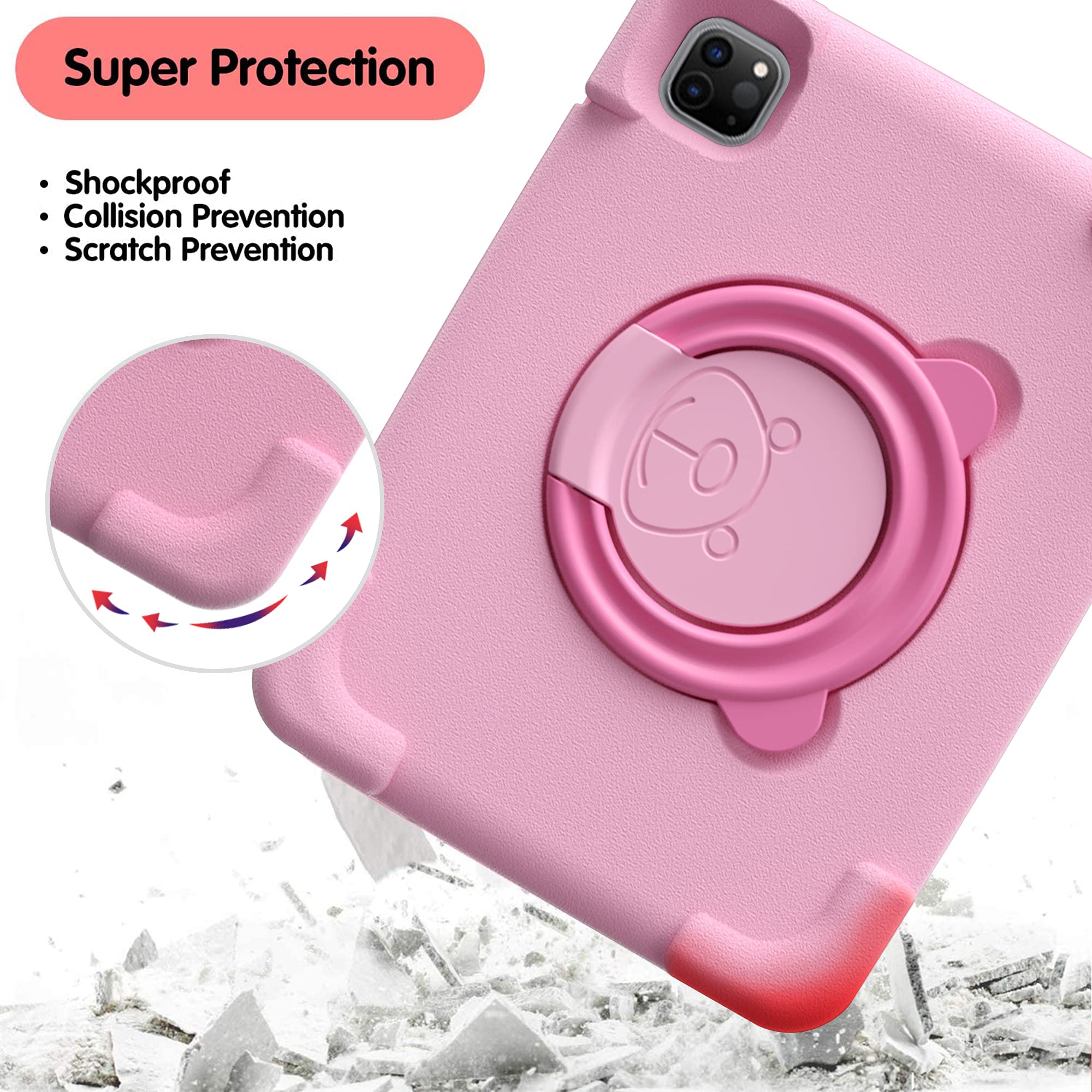 PZOZ iPad Kids Case Compatible for iPad Pro 11 inch 2022 2021 2020 2018(4th/3rd/2nd/1st Generation), EVA Shockproof Rotate Handle Folding Stand Heavy Duty Protective Cute Cover for Boys Girls (Pink)