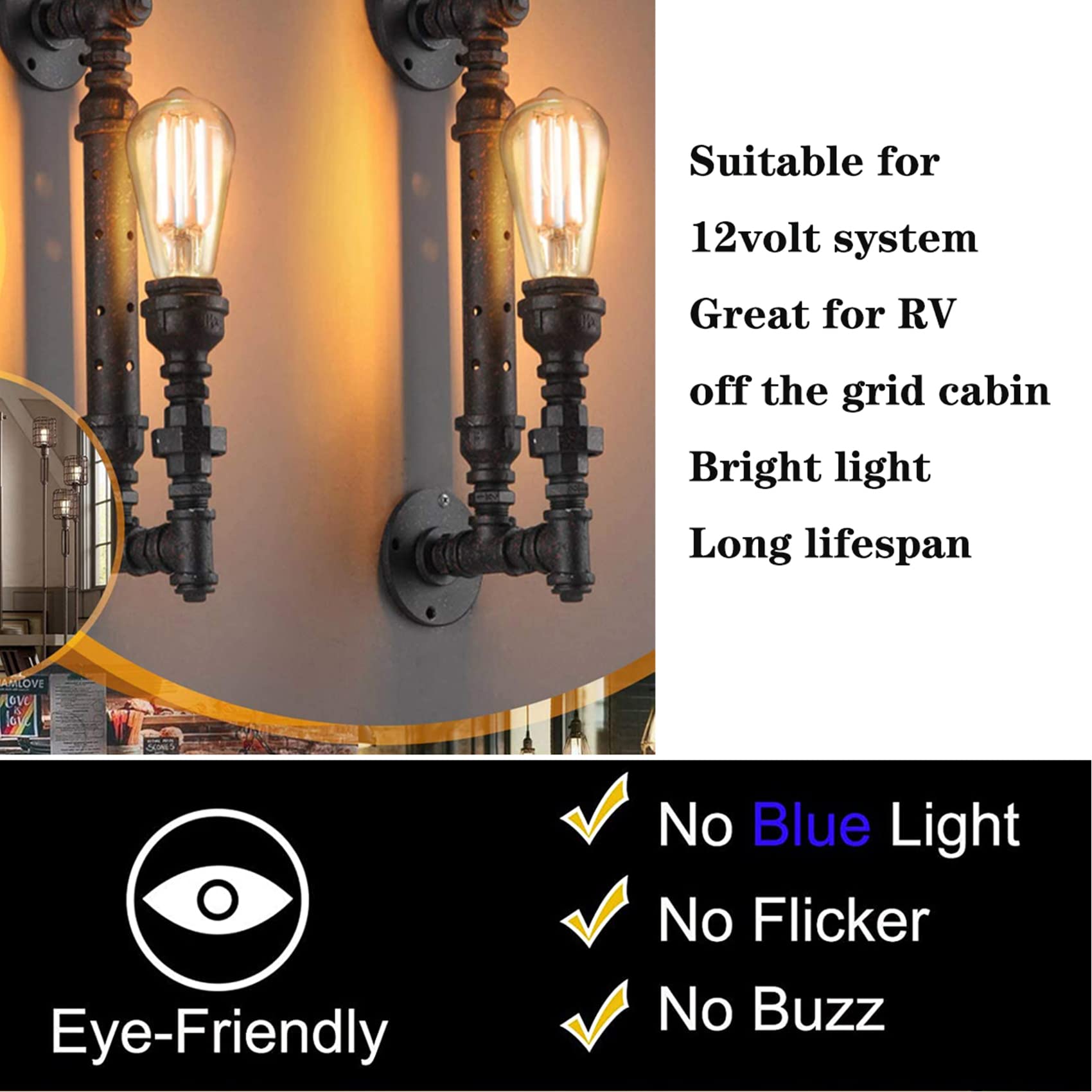 12V Edison Bulb 6W E26 12V LED Bulb 3000K 60W Equivalent, AC/DC 12V 24V Low Voltage LED Light Bulb for RV Camper Marine, Off Grid Cabin, 4 Pack