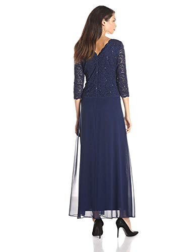 Alex Evenings Women's 3/4 Sleeve Stretch Lace Bodice Mock One Piece Gown, Navy, 10P