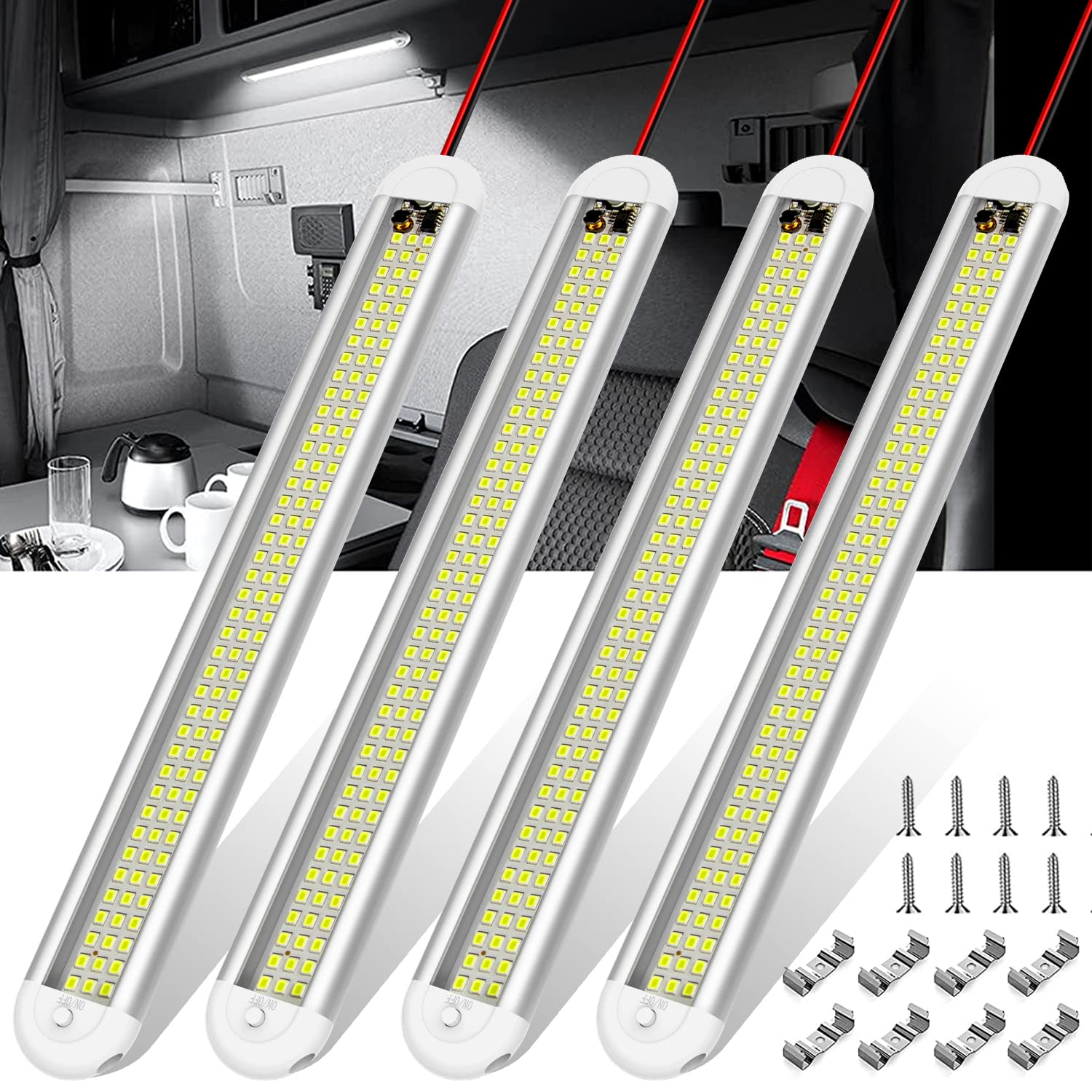 12v LED Interior Light Bar,CT CAPETRONIX 120LEDs 1500LM 8W DC 12 Volt led Strip Lights with ON/Off Switch,for Enclosed Cargo Trailer, Car RV Van Truck Lorry Camper Boat Caravan Motorhome (4Pack)