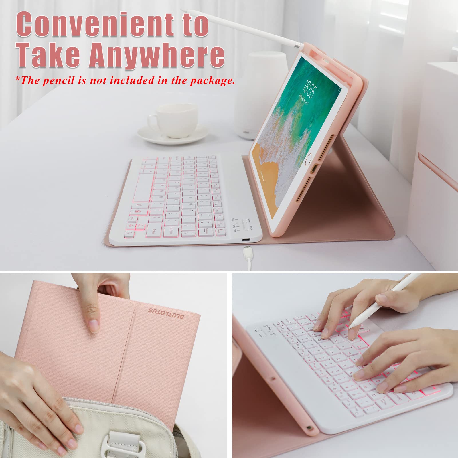 BLUTLOTUS Keyboard case for iPad 9.7 Inch Air 2, iPad 5th/ 6th Generation (2017/2018) with Keyboard Detachable, 7 Color Wireless Backlit Keyboard, Smart Folio Cover with Pencil Holder(Pink)