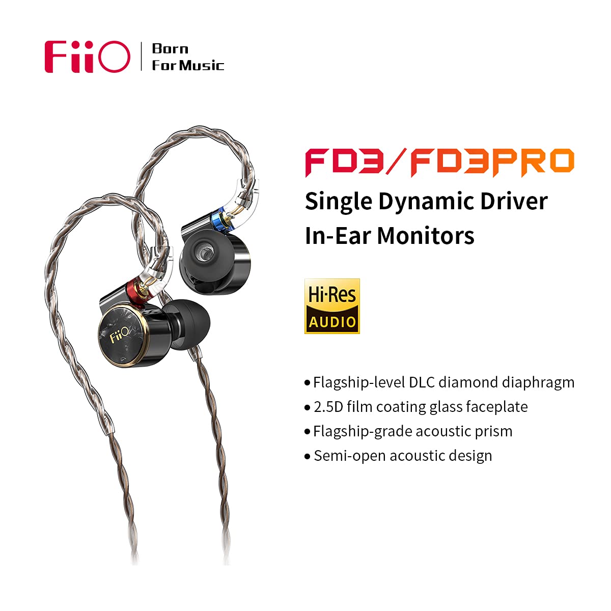 FIIO FD3 PRO Earphones in-Ear Earbuds High Resolution 1DD Deep Bass Detachable MMCX Connector with 2.5/3.5/4.4mm Plugs DLC Black