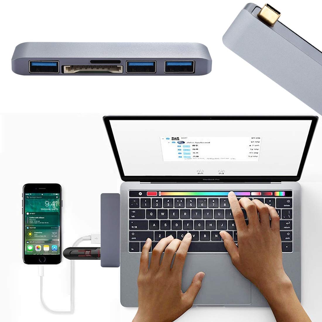 Jiali USB-C Hub Converter 5 in 1 Multi-Function Aluminium Alloy 5Gbps Transfer Rate USB-C/Type-C HUB Adapter with 3 USB 3.0 Ports & SD Card Slot & TF Card Slot for MacBook 2015/2016 / 2017(Grey)