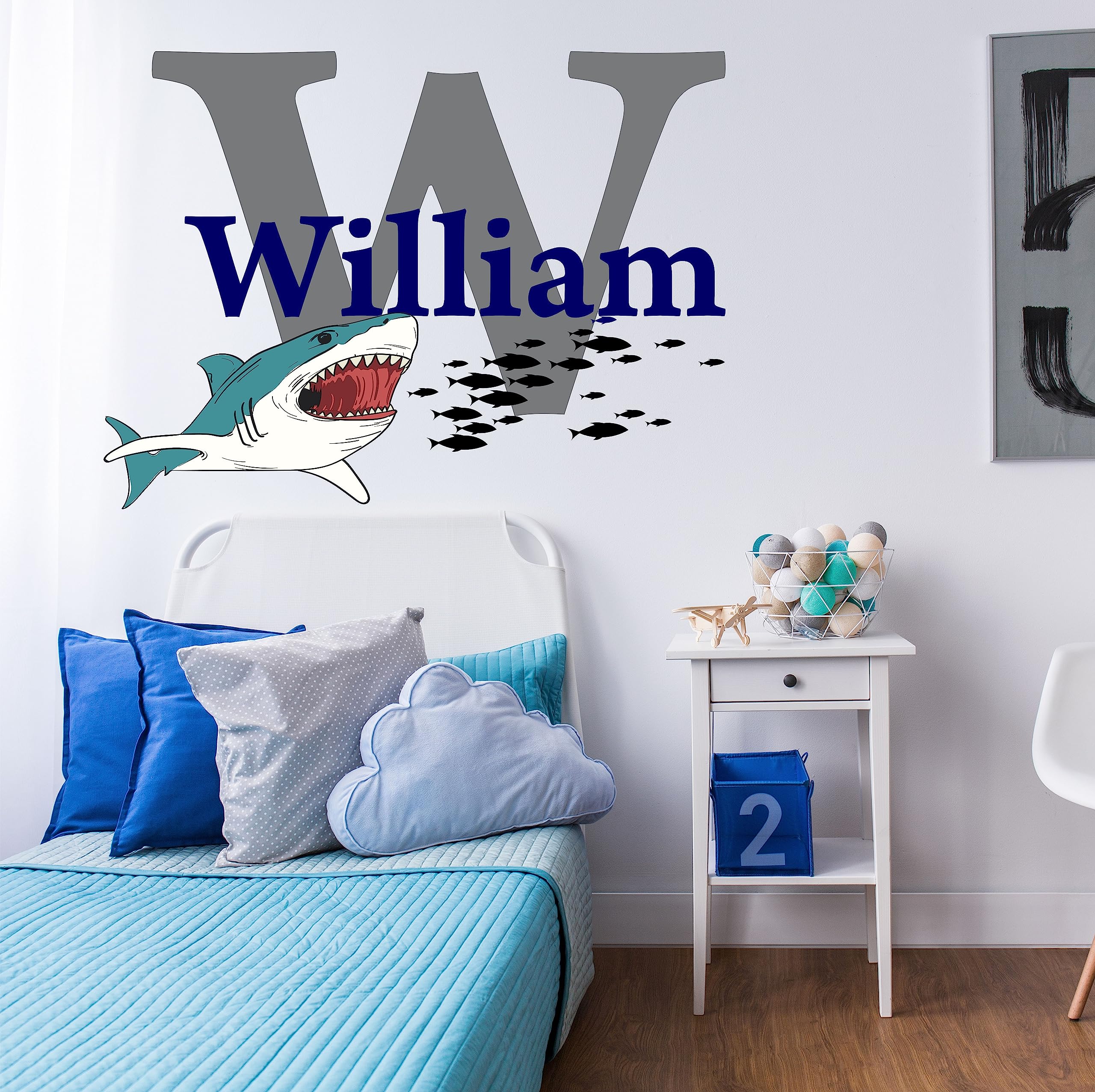 Boys Nursery Great White Shark Bite! Personalized Custom Name and Initial Vinyl Wall Decal, Decor Wall Stickers (Medium)