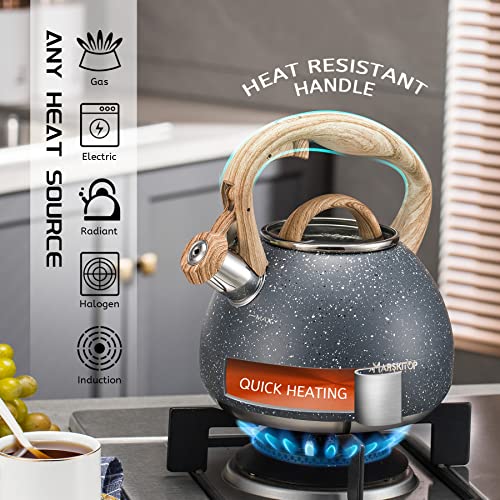 MARSKITOP Tea Kettle Stovetop Whistling Tea Pot for Stove Top, Stainless Steel Tea Kettle Teapot with Wooden Pattern Handle, 2.6 Quart, Gray