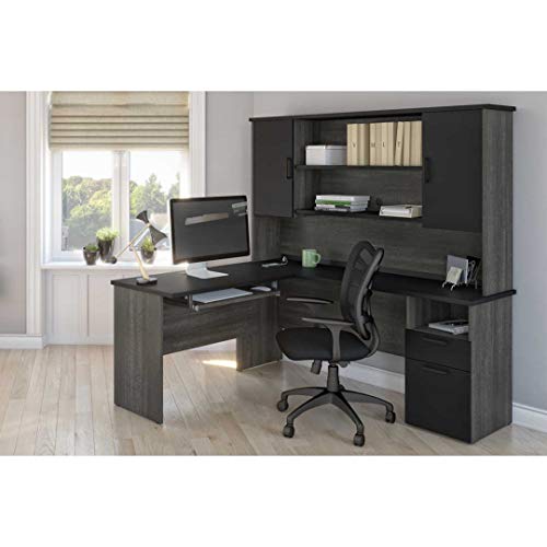 Bestar Norma L-Shaped Desk with Hutch, 71W, Black & Bark Gray