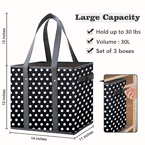 Flipzon 3 Pack Reusable Grocery Shopping Bags Foldable Washable Storage Baskets Bins Box for Groceries(B-W)