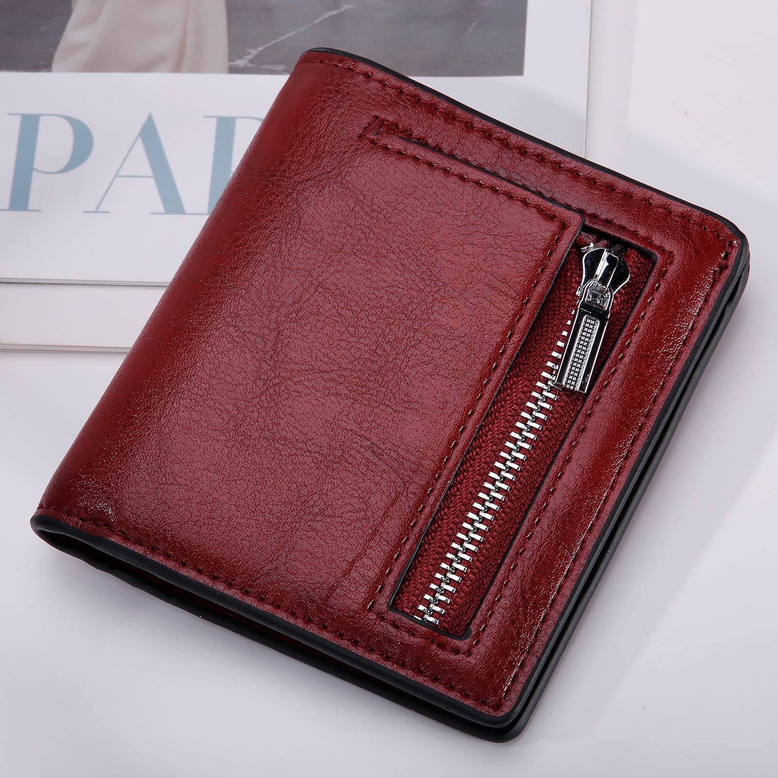 AGBIADD Women's RFID Small Compact Bifold Pocket Wallet Card Holder Organizer Pocket Ladies Mini Purse with id Window (Wax wine red)