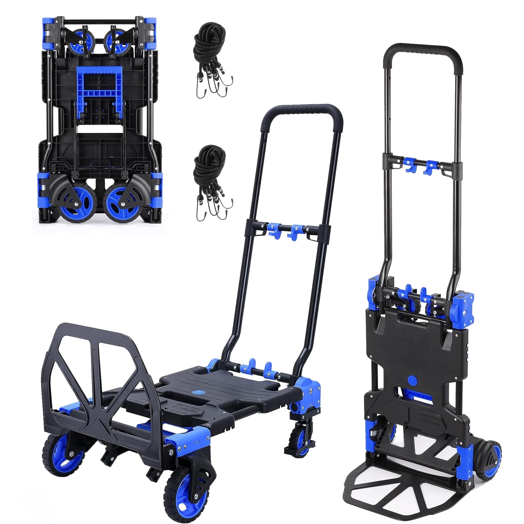 2 in 1 Hand Truck Dolly Foldable, 330LBS Foldable Handtruck Dolly, Portable Foldable Dolly with Wheels, Retractable Handle & 4 Rubber Wheels, Hand Cart Foldable for Travel/Luggage/Office/Moving