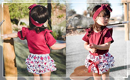 CETEPY Baby Girl Clothes Newborn Summer Outfits Infant 3Pcs Floral Pants + Short Ruffle Romper Playsuit + Headband Wine Red 0-3 Months 70cm