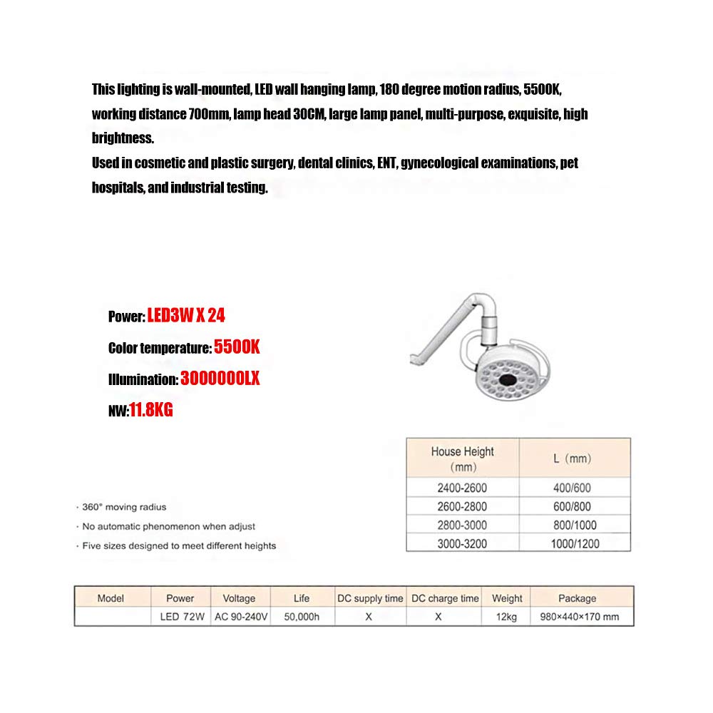 72W Hanging LED Surgical Exam Light Shadowless Lamp Pet Surgery Dental Department 24 Super Beads
