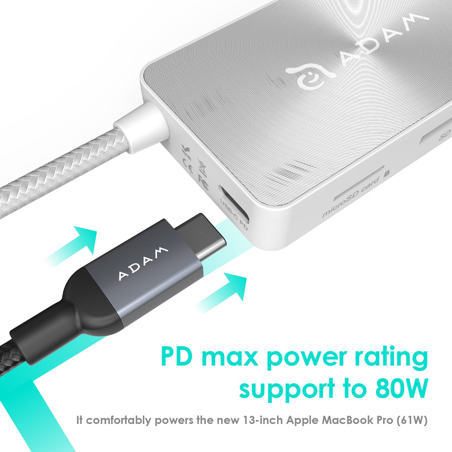 ADAM elements 5-in-1 USB C Hub - 80W USB C PD - SD Card/microSD Card Reader - 2 USB A 3.1 Ports - Portable, Durable Aluminum Case, Compatible for Mac, Windows, Chrome (CASA Hub PDC501, Silver)