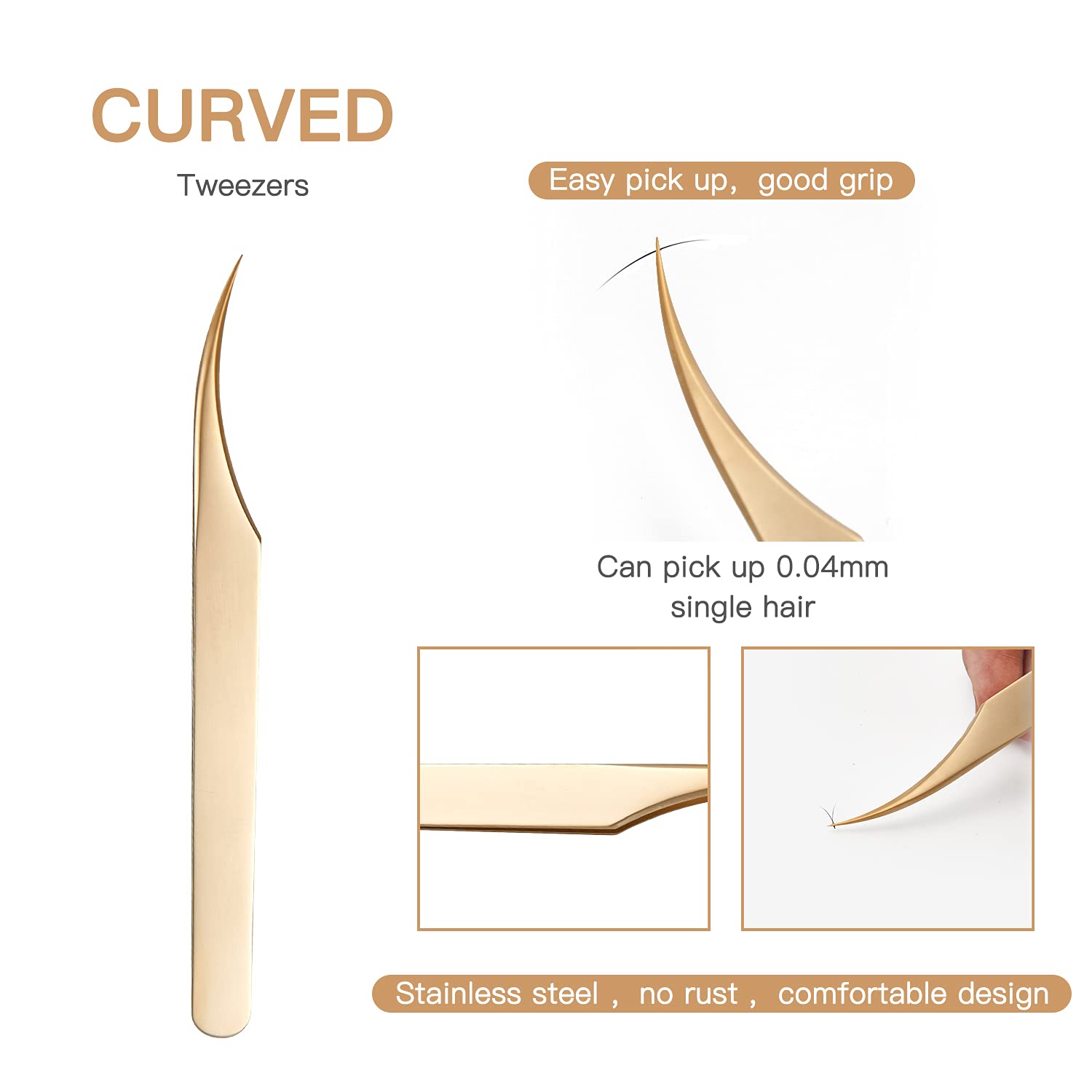Eyelash Extension Tweezers, 3-Pack,Professional Stainless Steel Tweezers for Volume Lashes, Straight and Curved Tips for 3D-6D,Golden