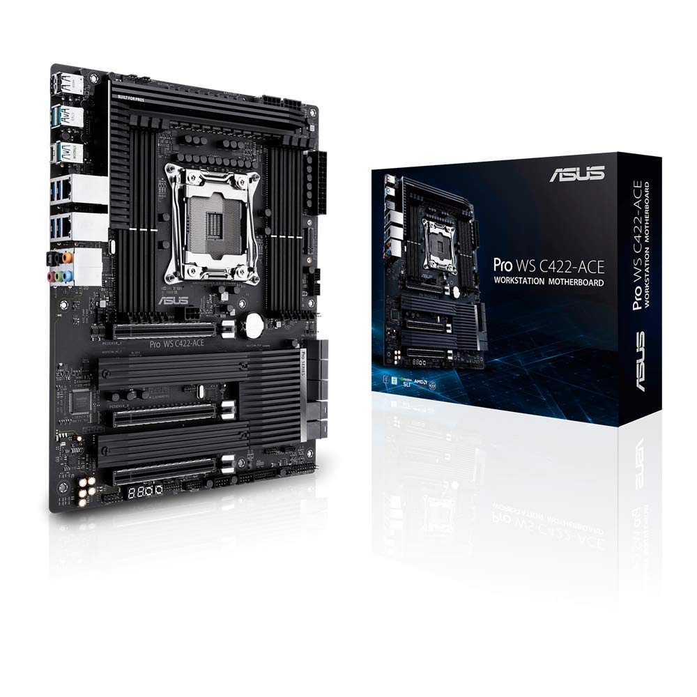 ASUS Pro WS C422-ACE, Intel® Xeon® W workstation Processors, ATX Workstation motherboard with 14 power stages, triple M.2, dual U.2, dual Intel LAN, DDR4 ECC memory support, and ASUS Control Center Ex