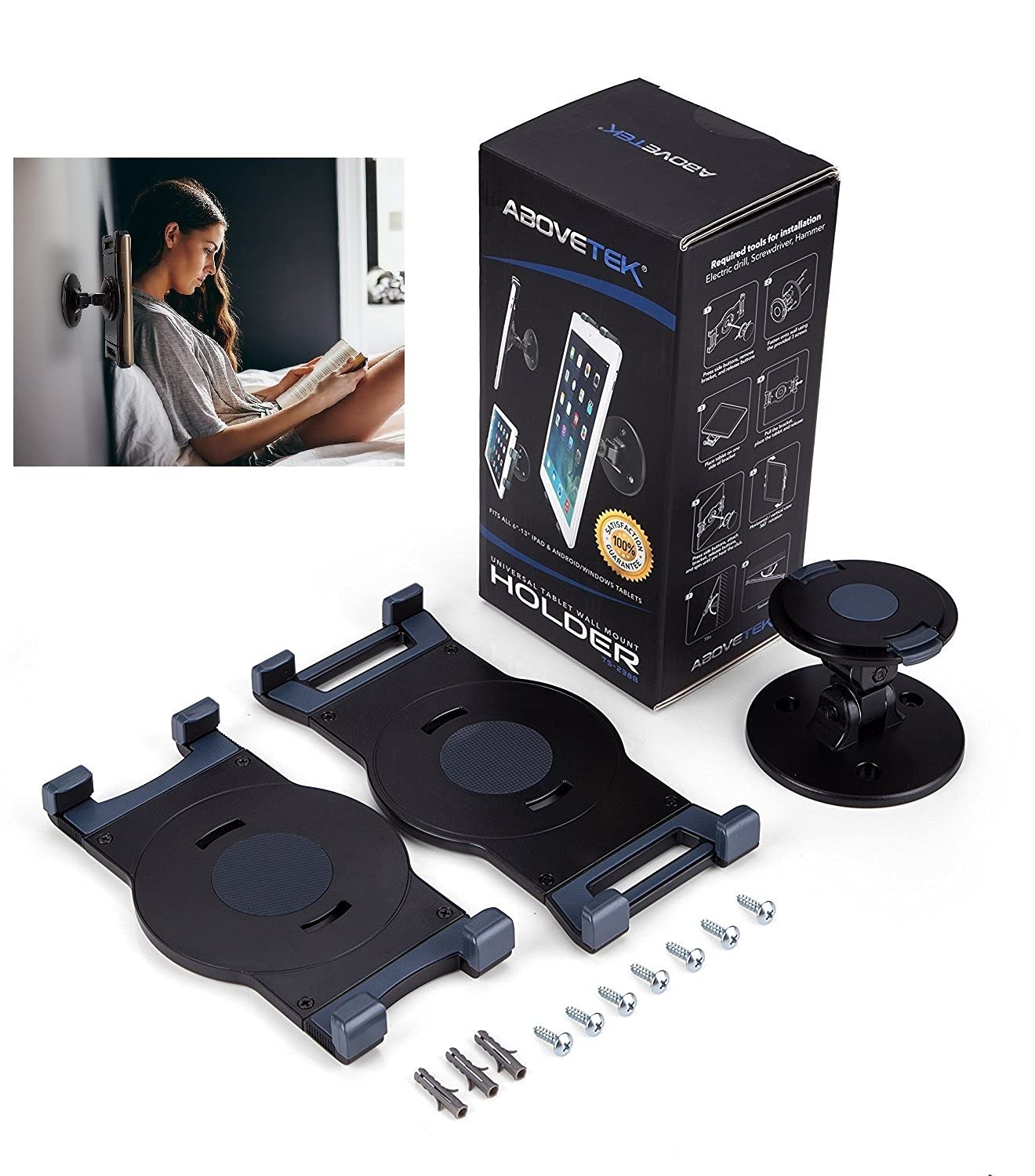 AboveTEK iPad Wall Mount, Swivel 360° Rotating Tablet Holder Two Brackets to Fit 6-13" Tablets, Horizontal/Vertical Tilt iPad Arm for Flexible Viewing Angles in Kitchen Showroom Retail Store (Black)