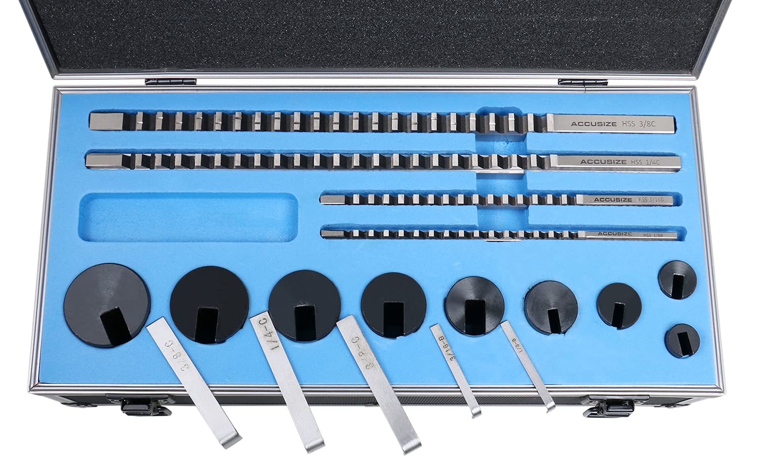 Accusize Industrial Tools - No.10 HSS Keyway Broach Set, 18 Pcs with Precision Ground Teeth, Includes 4 Broaches & 9 Bushings, 5100-0010