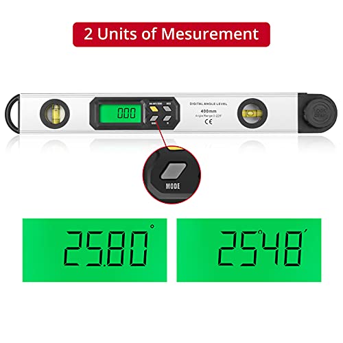 16 inch/40cm Aluminum Digital Angle Finder Built-in Bubble Vials, XUNTOP Digital Protractor 0-225° with Large Backlit Display Ideal for Interior Designer Carpenter Woodworker
