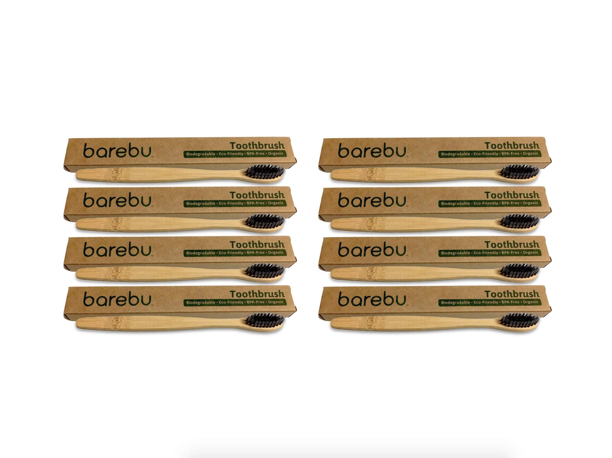 BPA-Free, Organic Bamboo Toothbrush with No-Glue Bristles - Compostable, Biodegradable, Vegan (8-Pack) (Black, Soft Bristles)