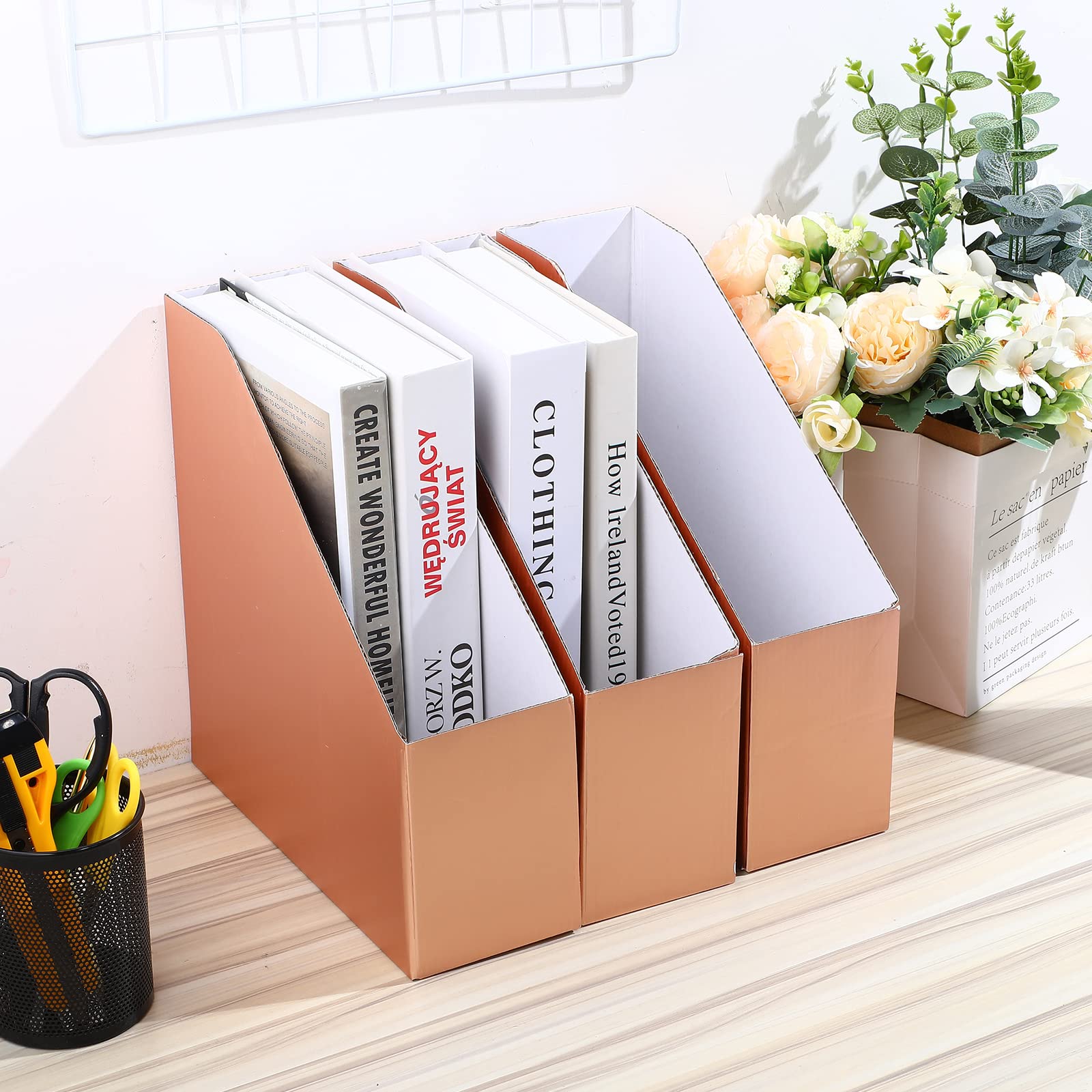 15 Pack Rose Gold Magazine File Holders Foldable Document Storage Organizer Box Cardboard Magazine Holder Desk Organizer for Office School Hospital Home