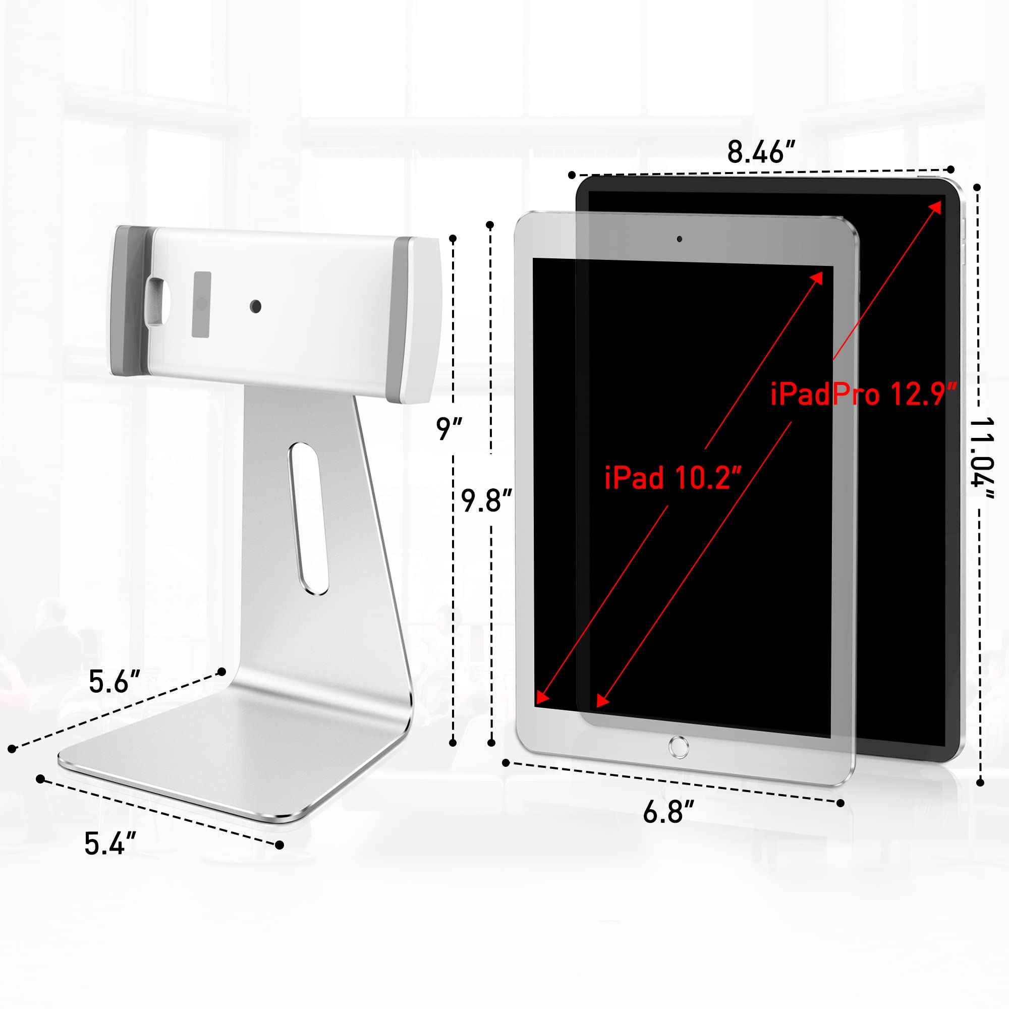 AboveTEK Elegant Tablet Stand, Aluminum iPad Stand Holder, Desktop Kiosk POS Stand for 7-13 inch iPad Pro Air Mini Galaxy Tab Nexus, Tablet Mount for Store Showcase Office Reception Kitchen Countertop