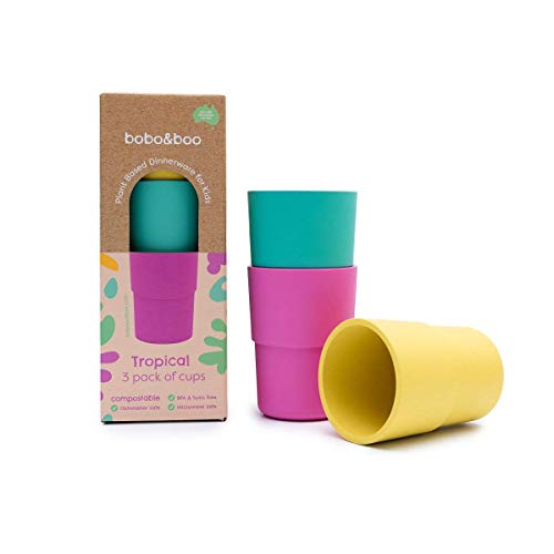 bobo&boo Plant-Based Cups for Kids – Melamine and BPA Free - Microwavable and Dishwasher Safe - Eco-Friendly Toddler Drinking Cup Set - TROPICAL 10oz