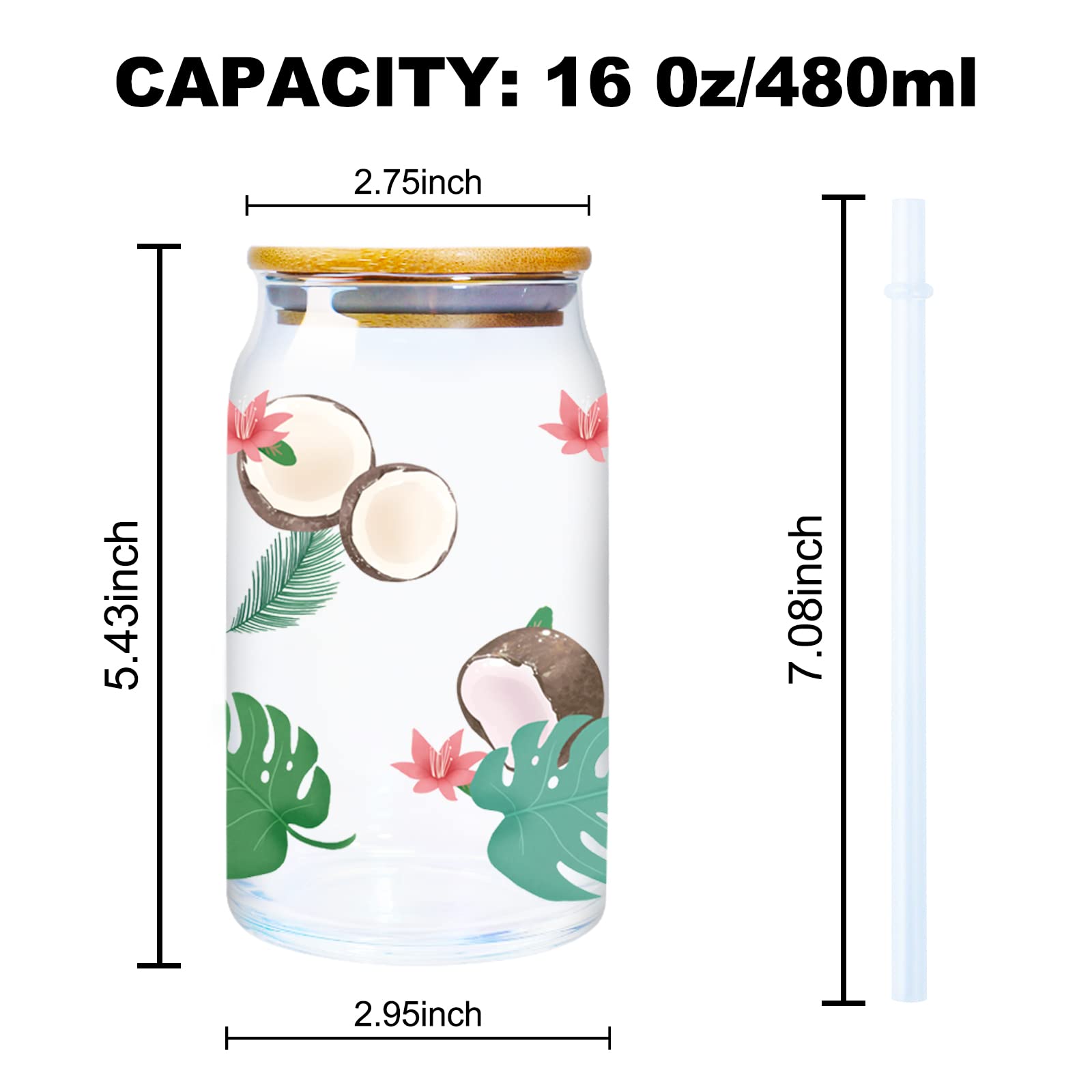16Oz Drinking Glasses with Bamboo Lids and Straw - 4Pcs Can Shaped Glass Cups Beer Glasses Ice Coffee Glasses Cute Summer Tumbler Cup Great for Soda Boba Tea Cocktail Juice