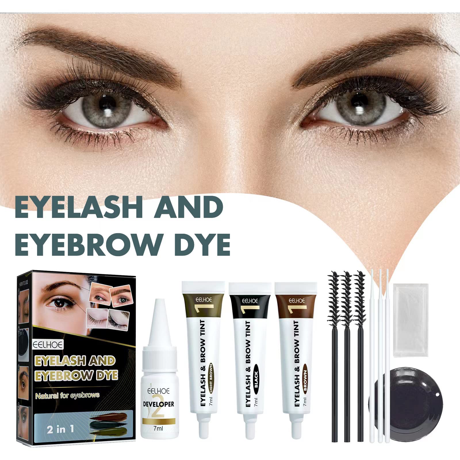 2 in 1 Eyebrow and Eyelash Color Kit 65g, Instant Brow & Lash Brown Color Makeup, Darker & Fuller | Tools Included, Semi-Permanent Coloring Effect Lasts 8 Weeks, Professional for Salon Home Use (Brown)