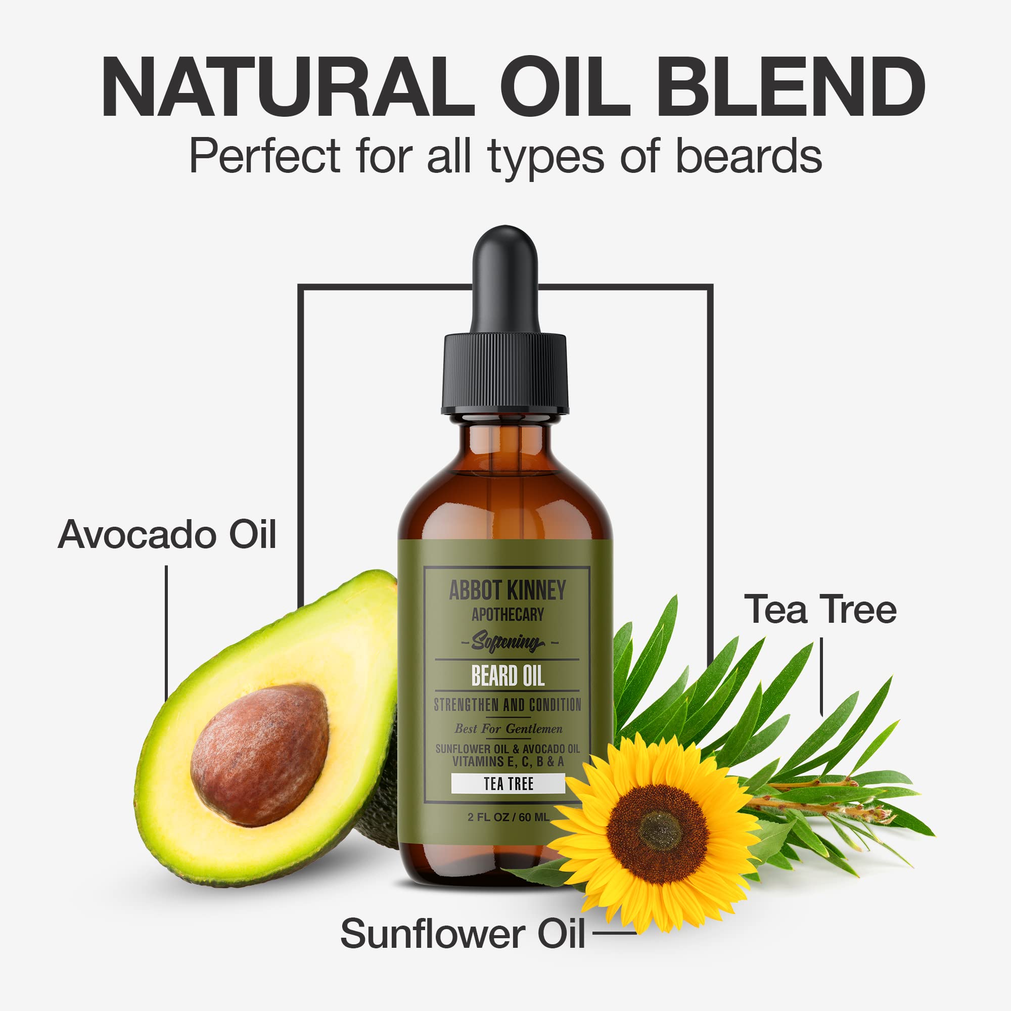 ABBOT KINNEY APOTHECARY Softening Beard Oil, Strengthens and Conditions Beards, Blend of Natural Oils, 2 oz (Tea Tree)