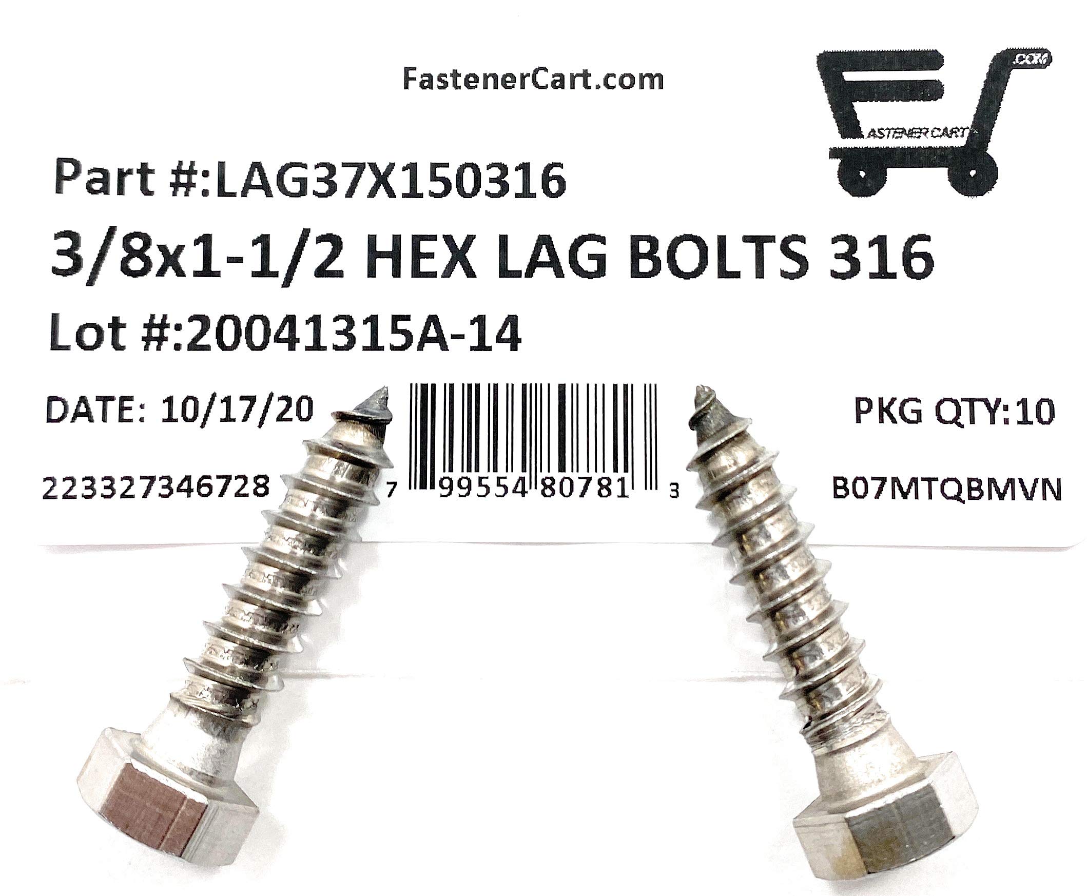 3/8 x 1-1/2" 316 Stainless Steel Hex Head Lag Bolts Lag Screws Marine Grade (10 Pieces)