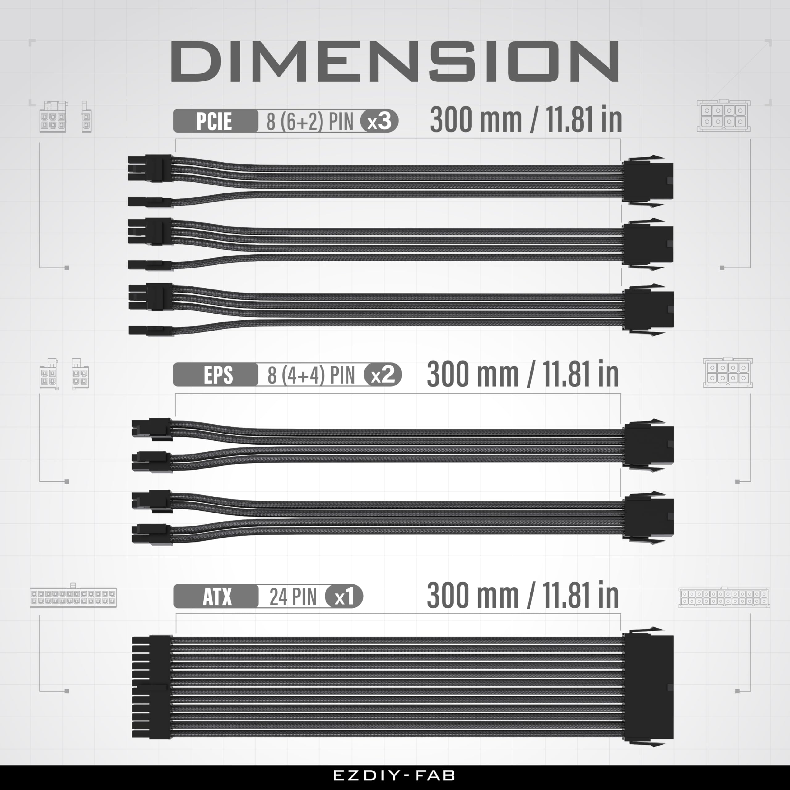 EZDIY-FAB PSU Cable Extension Sleeved Custom Mod GPU PC Power Supply Soft Nylon Braided with Comb Kit 24PIN/3x 8PIN to 6+2Pin/ 2X 8PIN to 4+4PIN-300MM/11.8in - Black