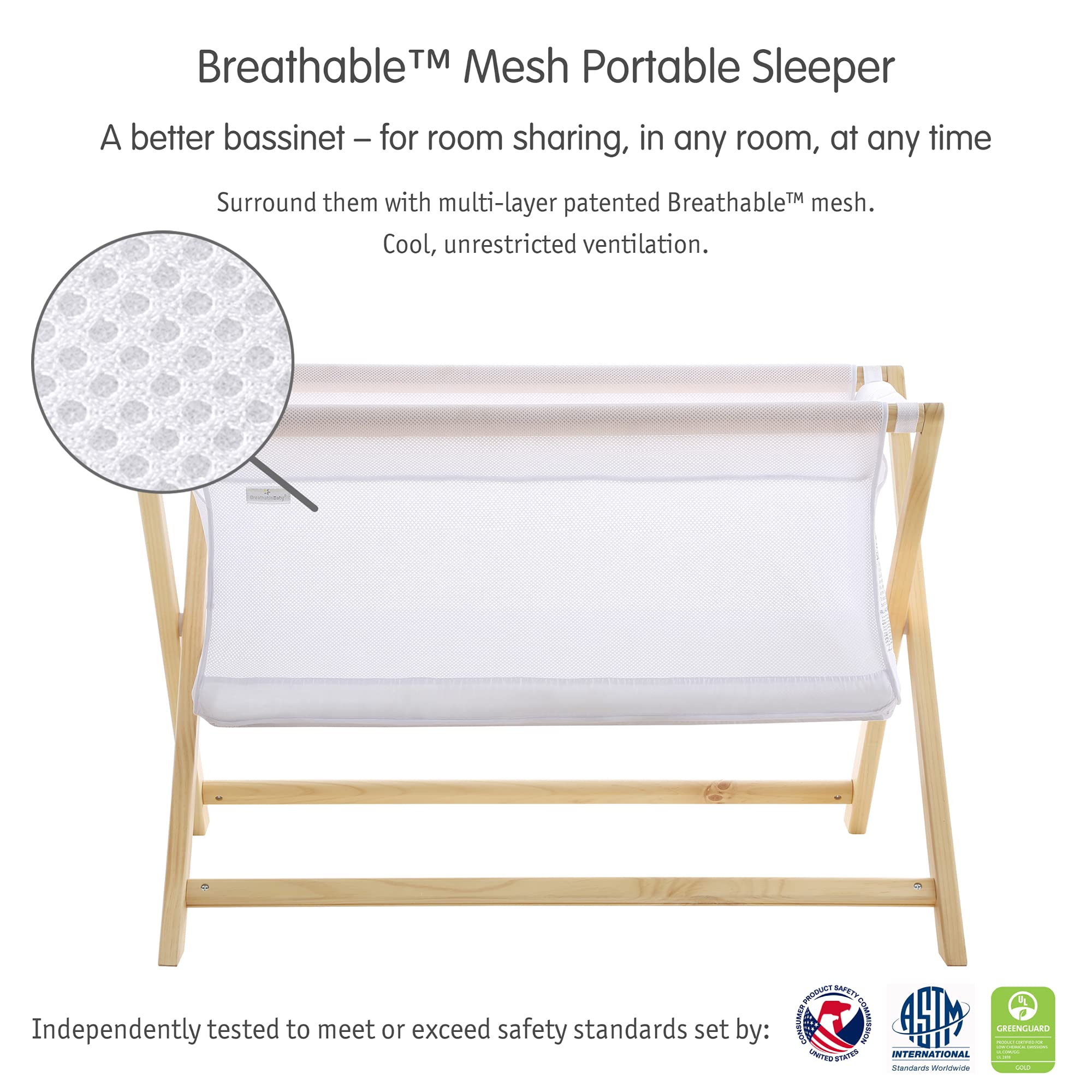 BreathableBaby Breathable Mesh Portable Sleeper — Beech & White — Bigger Than a Bassinet, It's Cradle Size — from Bedside to Travel — Easy Fold & Go — Newborn to 6 Months — Greenguard Gold Certified
